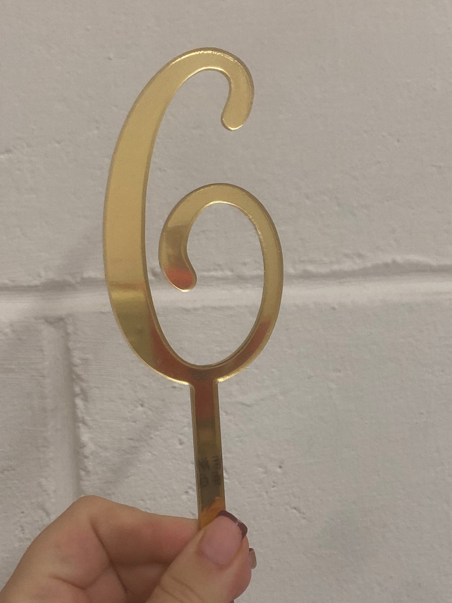 Gold mirror ‘6’ cake topper – Burnt Island Occasions LTD
